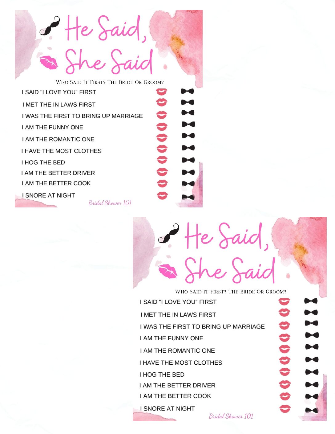 he said she said cards pdf | Bridal Shower 101